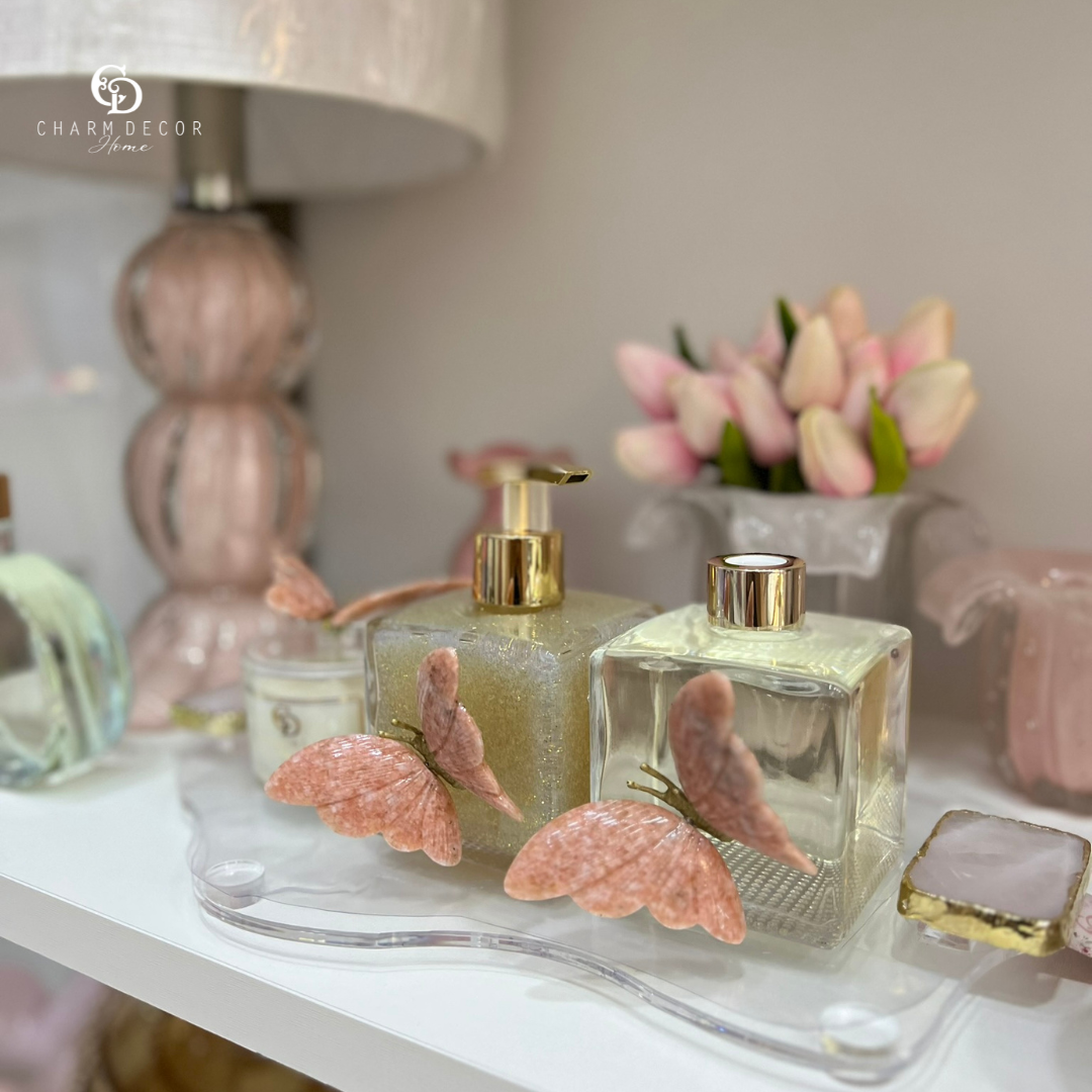 Kit Lavabo Difusor E Saboneteira Borboleta Com Cromado Dourado Rosa