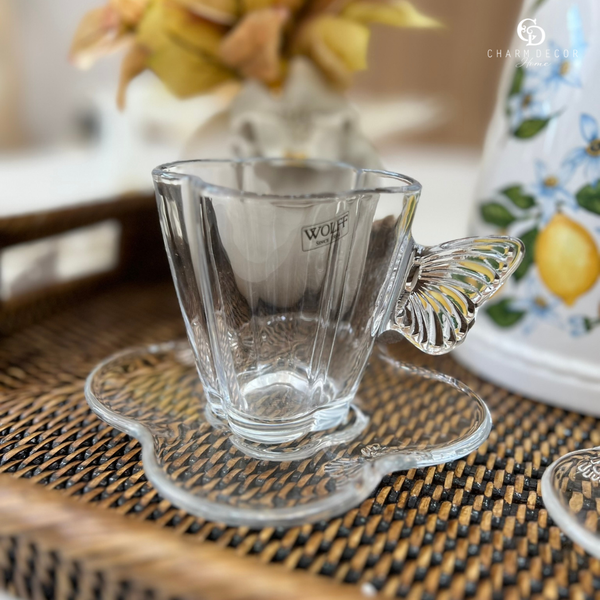 Cj 4 Xícaras de Chá De Vidro Com Pires Butterfly 180ml Wolff