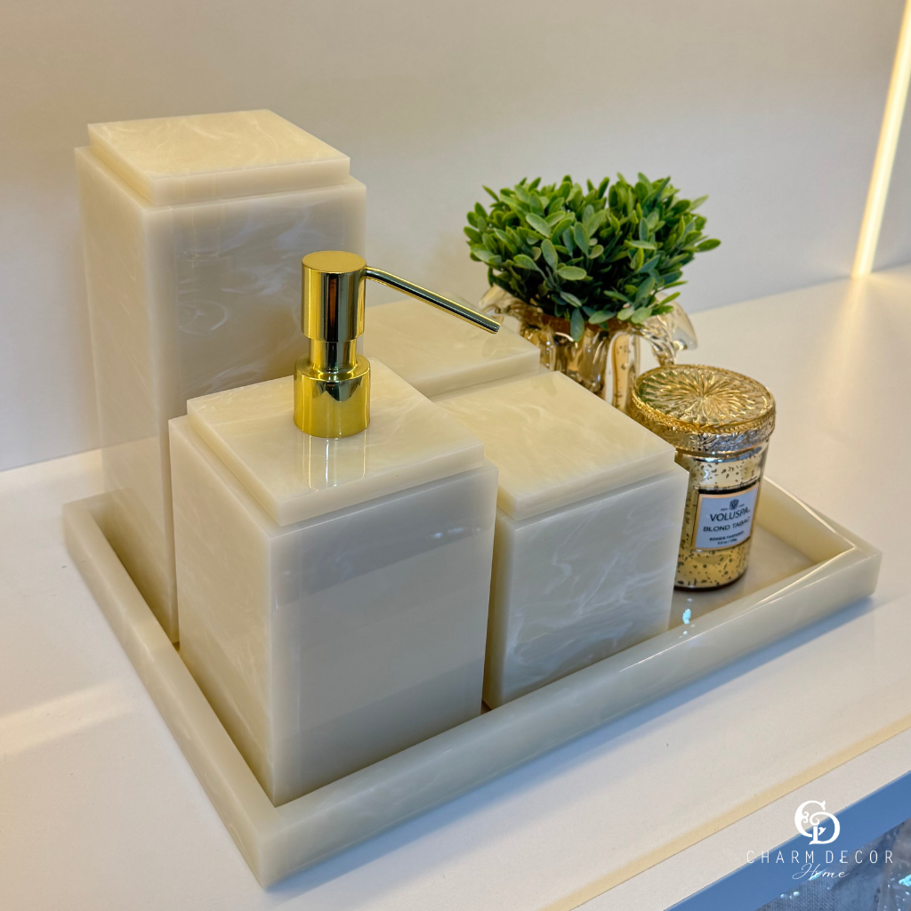 Kit Lavabo com 5 Peças Quadratta Acrílico Travertino com Dourado